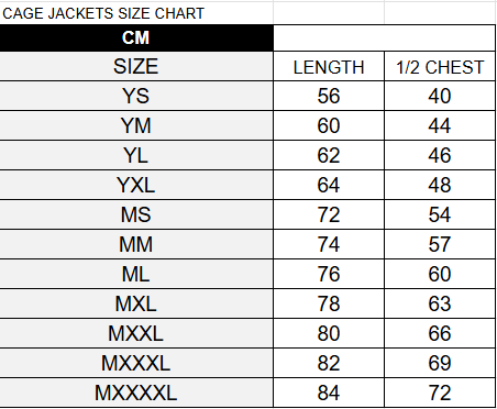 Cage Jacket Size Chart